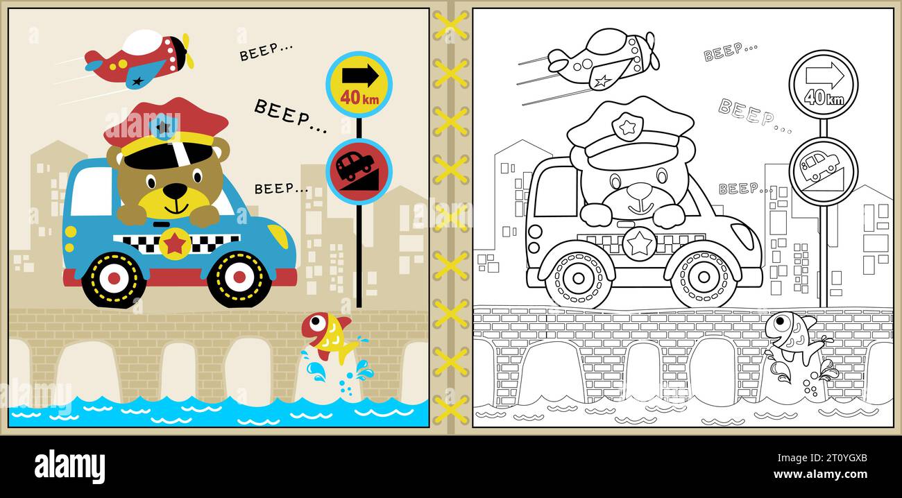 Vector cartoon of cute bear drive police car on bridge with a fish ...