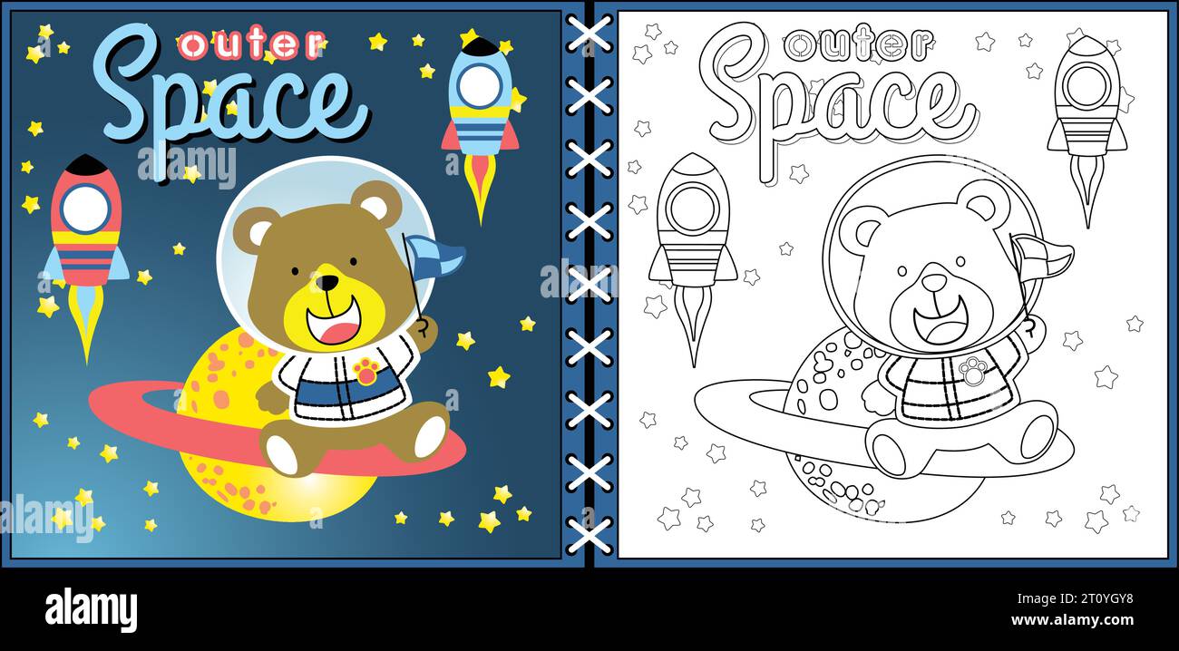 Vector cartoon of funny bear in astronaut costume sitting on Saturn ...