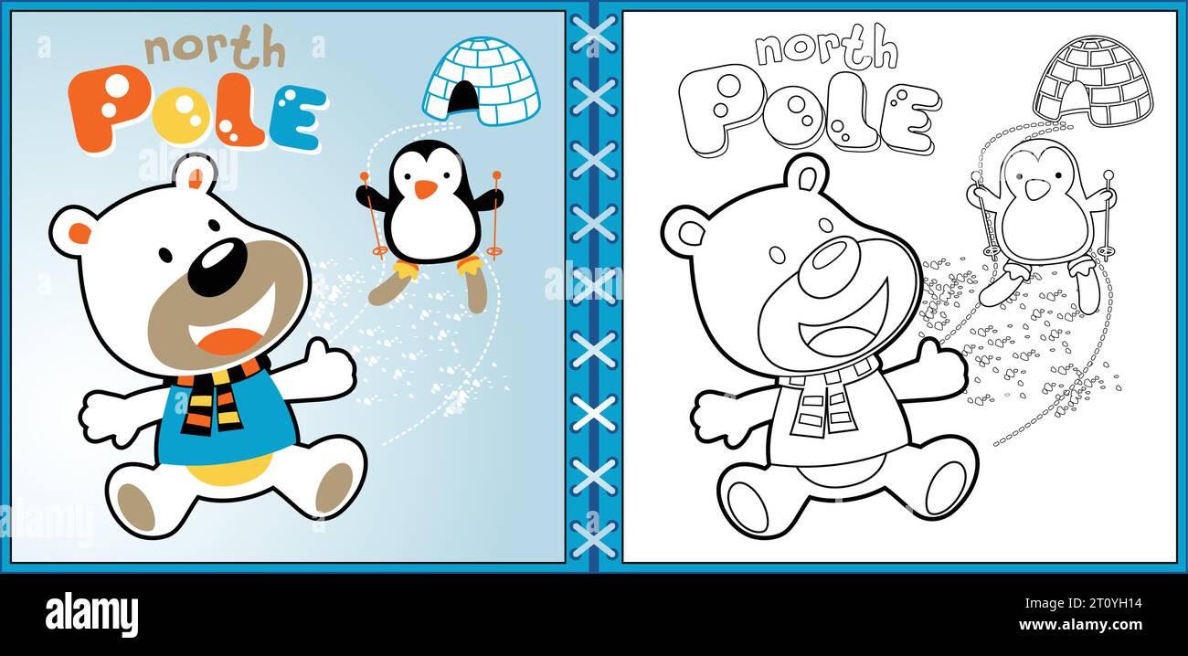 Vector cartoon of polar bear with skiing penguin, coloring page or book ...