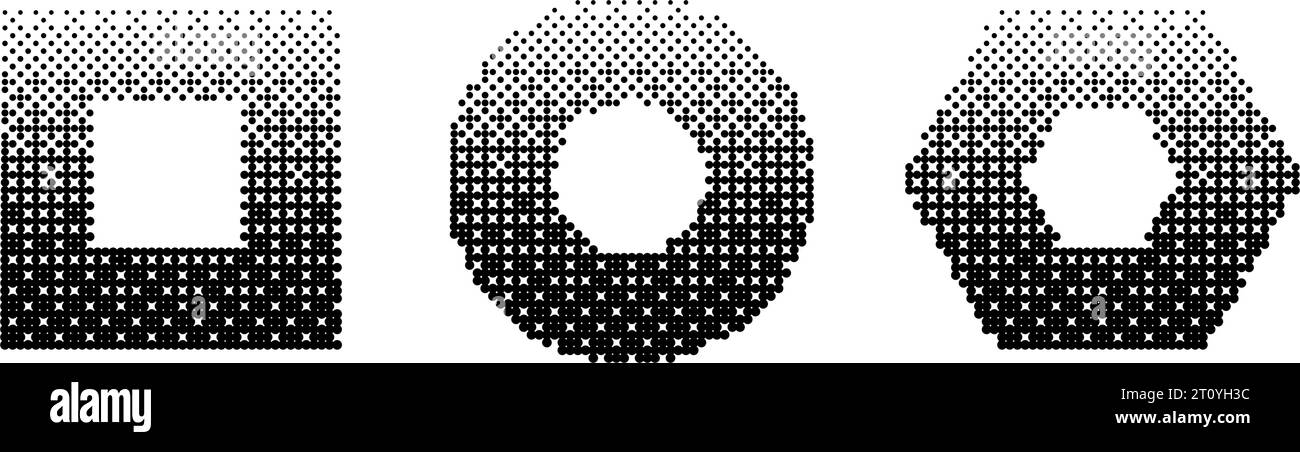 Geometric frames bitmap set. Dither gradient shapes collection. Ring, square, hexagon elements ...