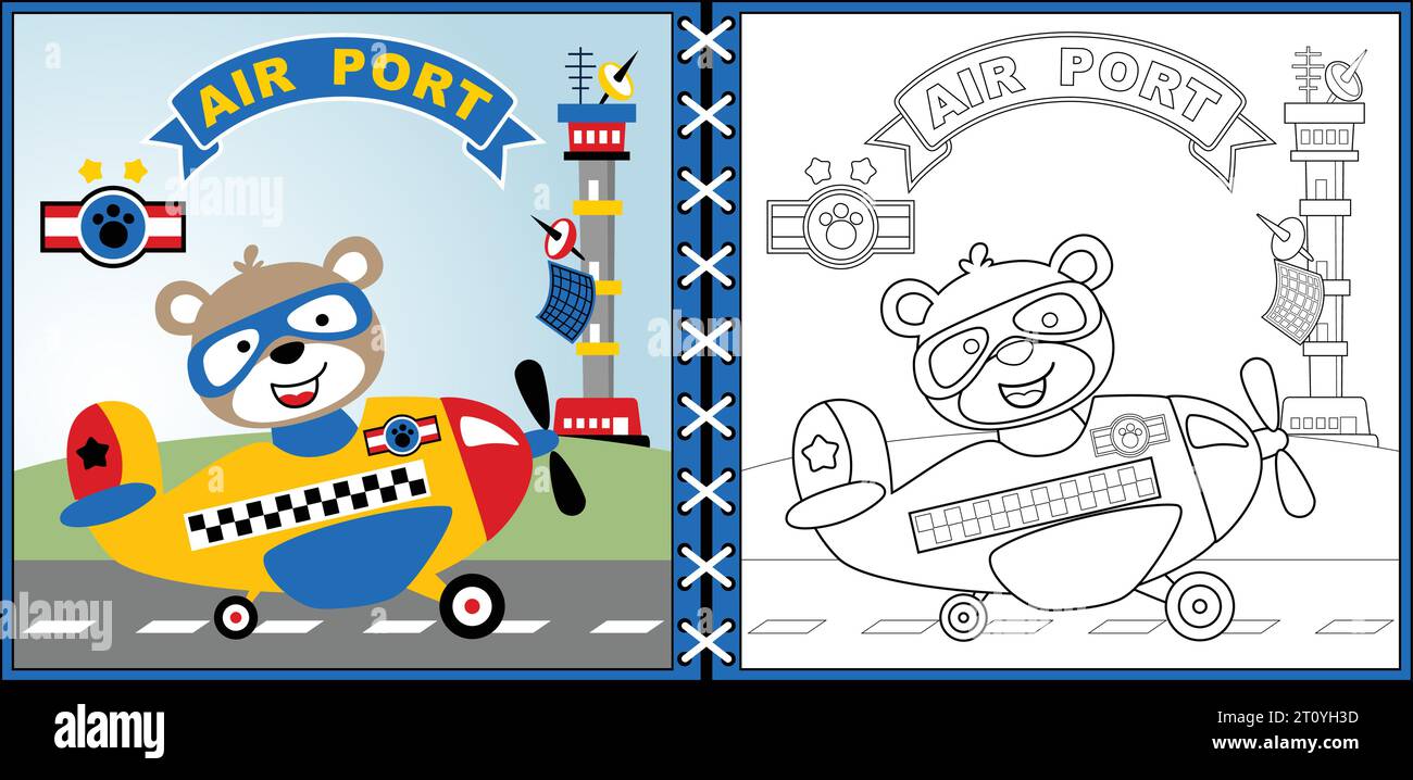 Vector cartoon of little bear on airplane in airport, coloring page or ...