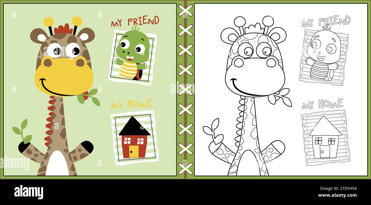 Vector cartoon of funny animals, giraffe and turtle with a little home ...