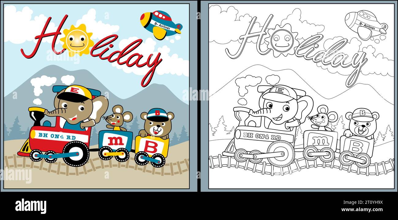 Vector cartoon of funny animals on steam train, coloring page or book ...