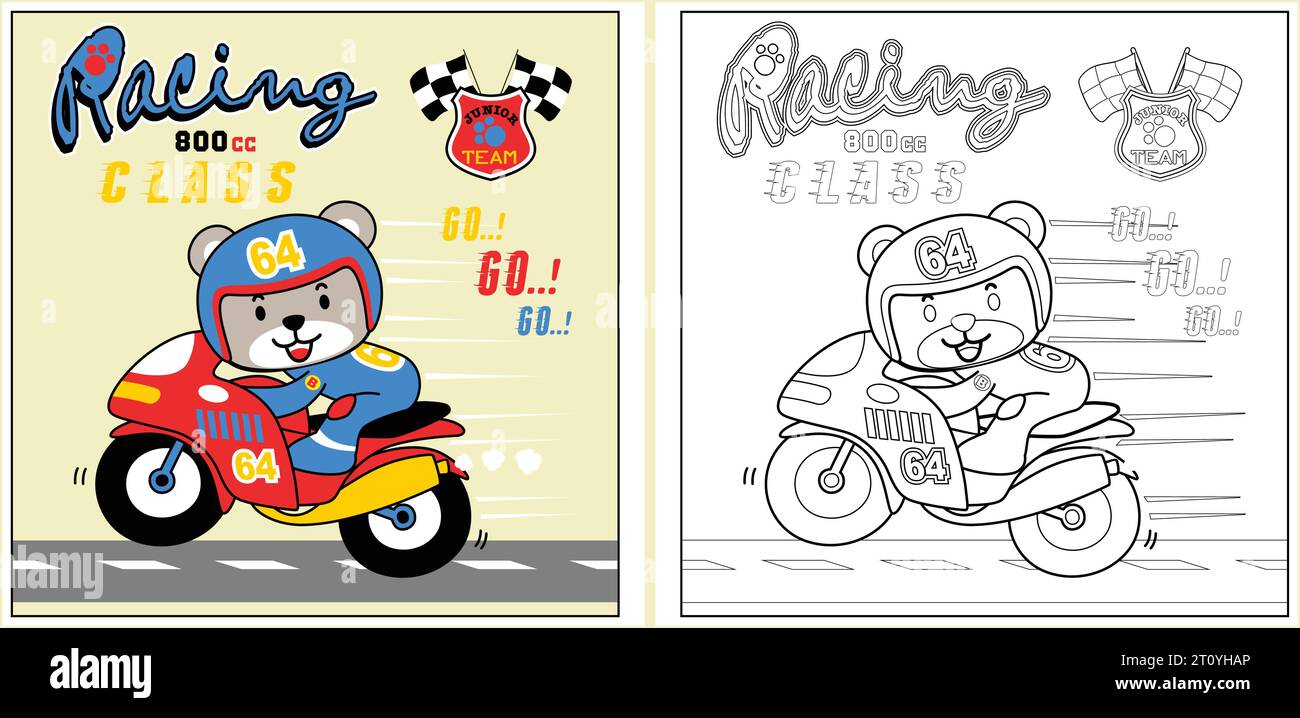 Vector cartoon of cute bear in racer costume on motorbike, coloring ...