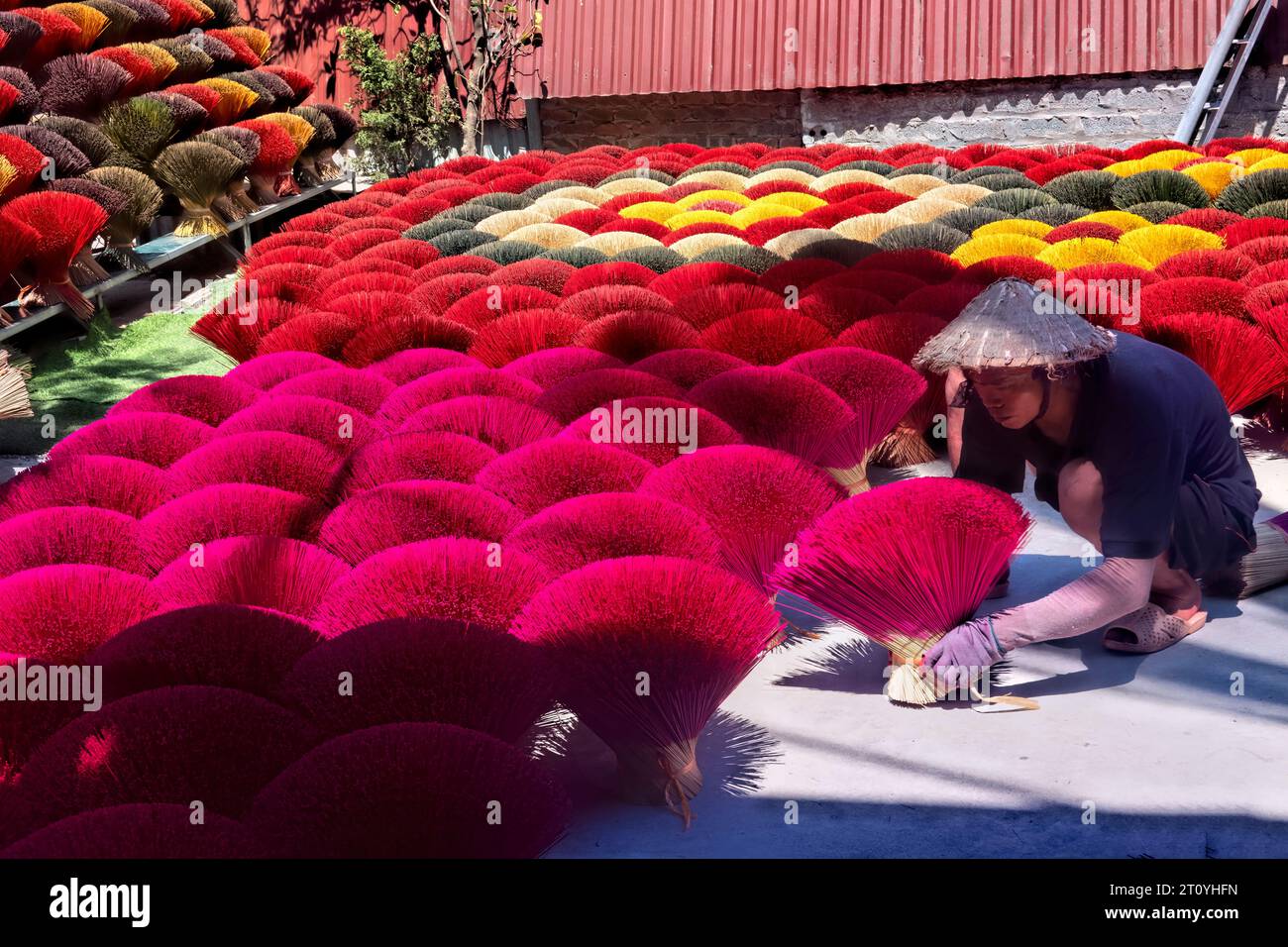 Worker drying incense in the Quang Phu Cau incense village, Hanoi ...