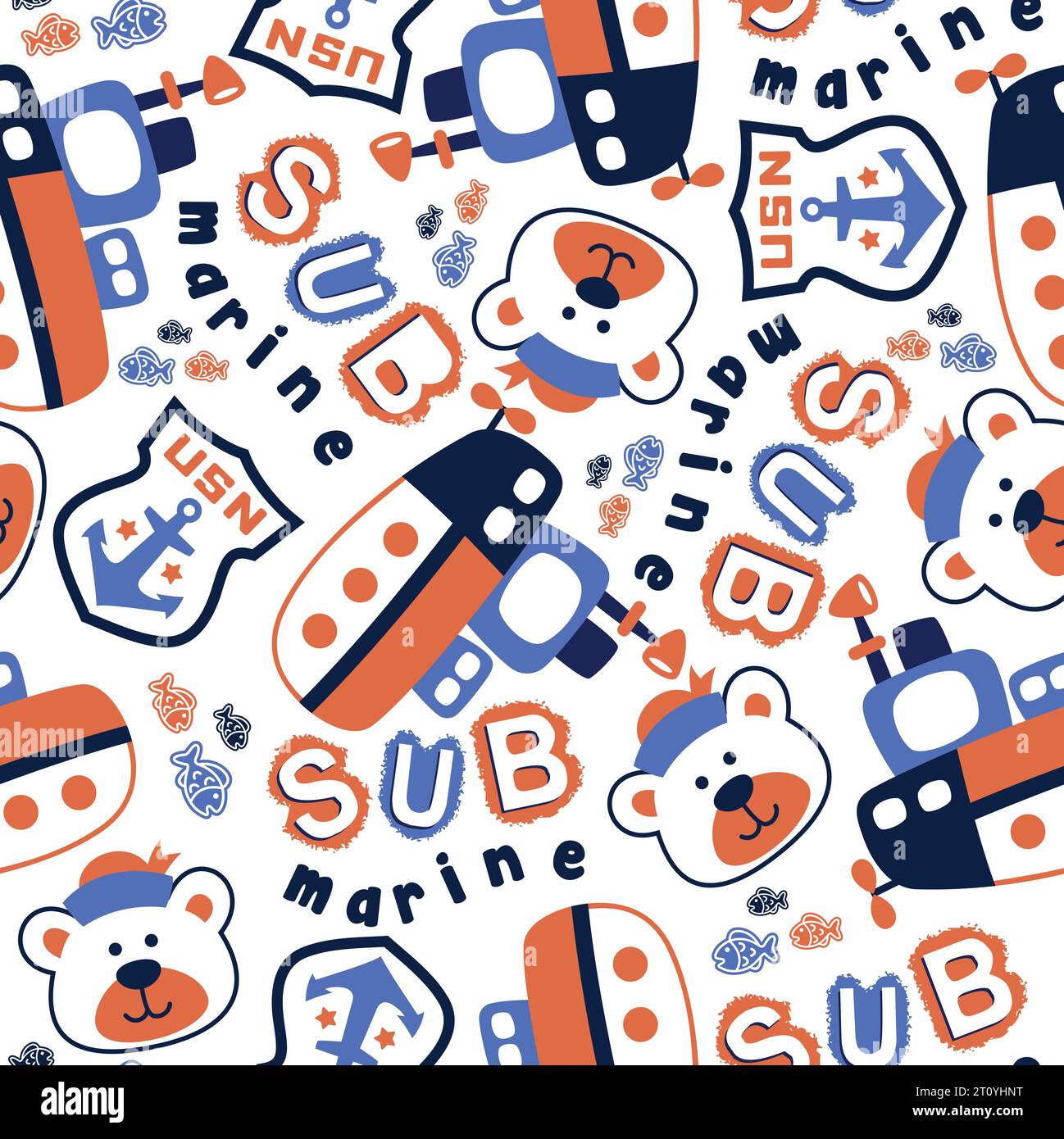 seamless vector pattern of submarine cartoon with funny bear sailor, sailor element illustration ...