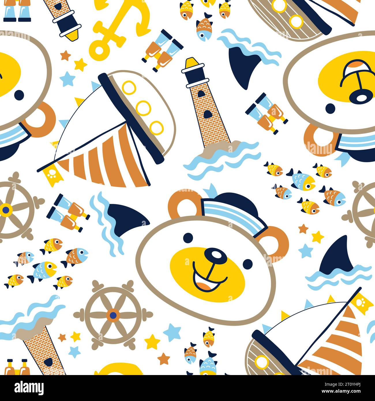 seamless vector pattern of funny bear wearing sailor cap, sailing element cartoon with marine ...