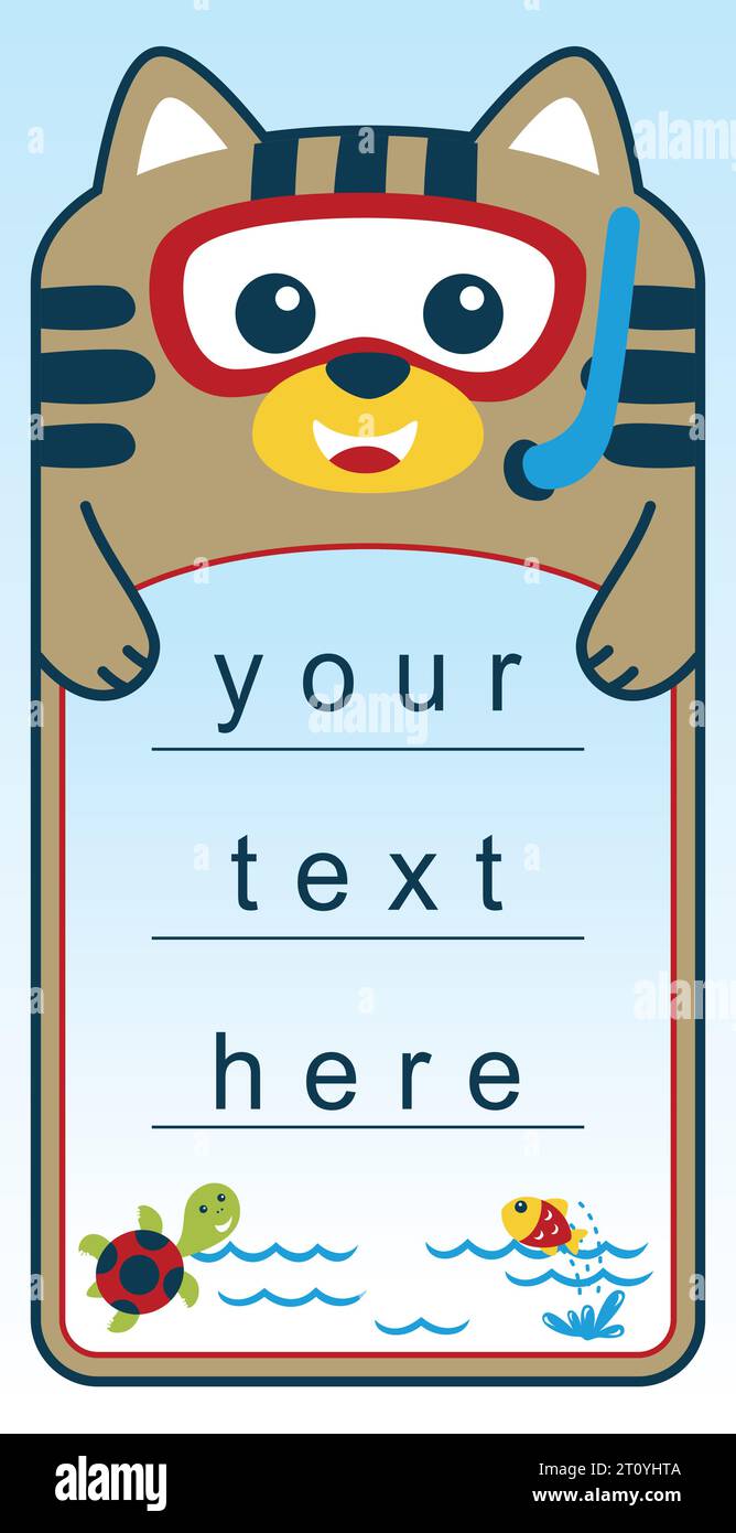 Funny animal cartoon vector character on card template, cat with ...