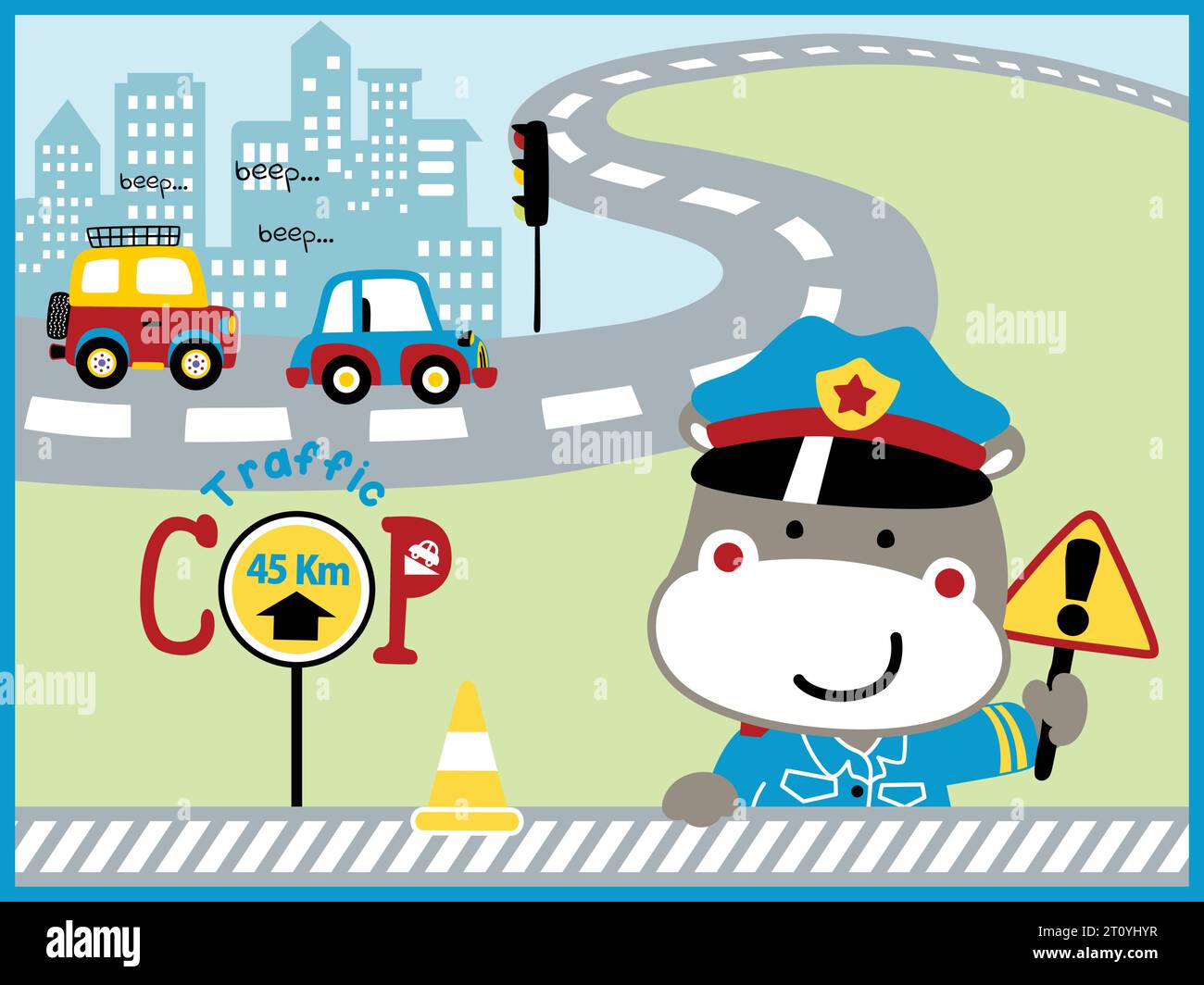 Cartoon vector of city traffic elements with funny hippo in police ...
