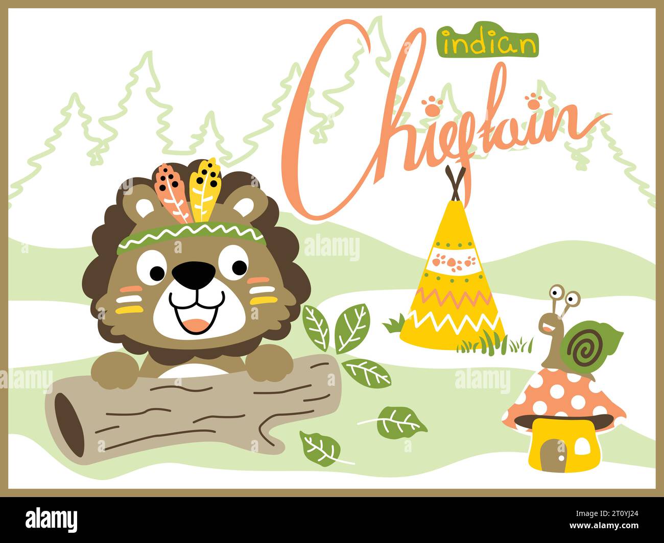 Cartoon vector of funny lion wearing feather headdress, little snail on ...