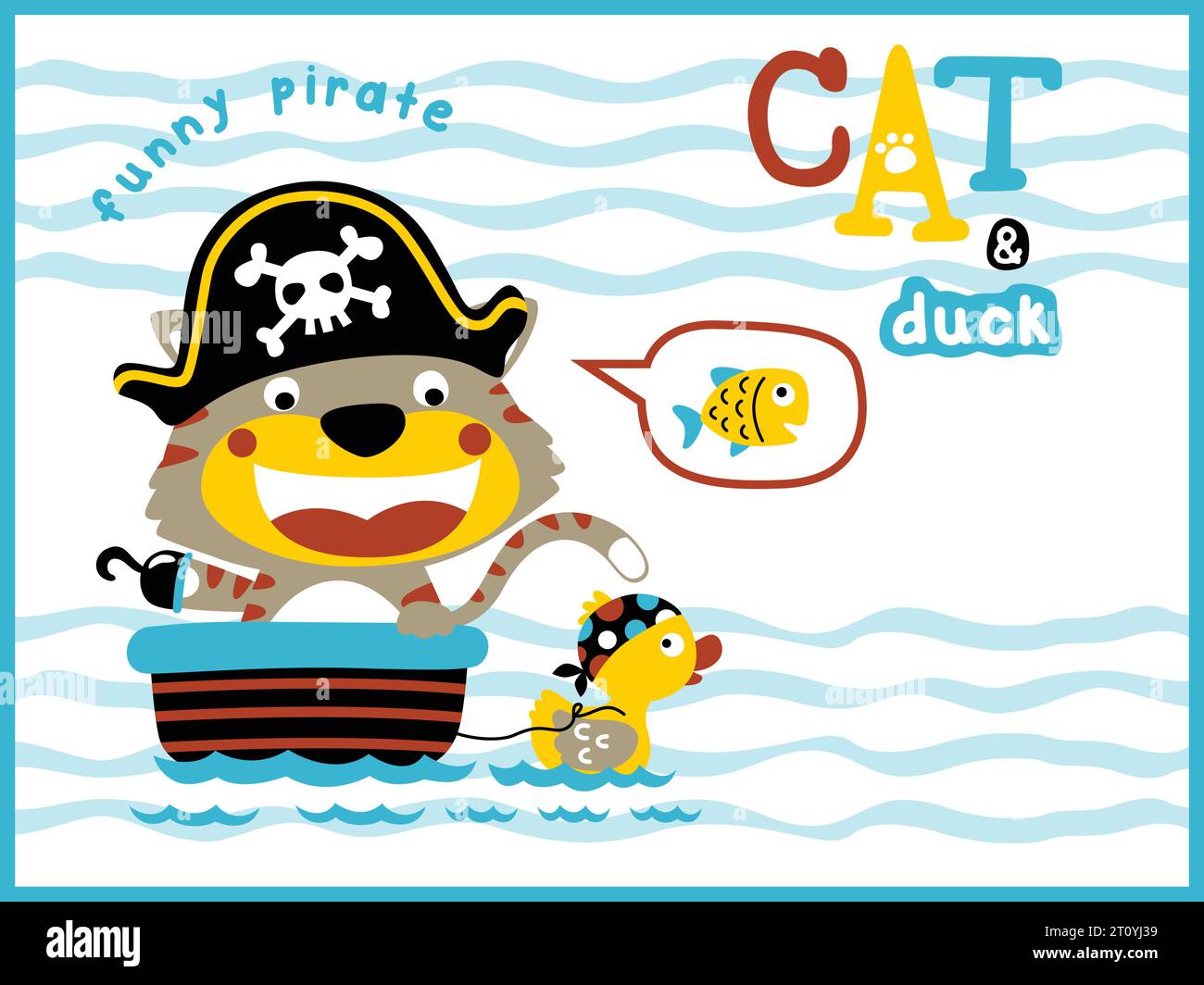 Vector cartoon of cat and duck in pirate costume in the sea Stock ...