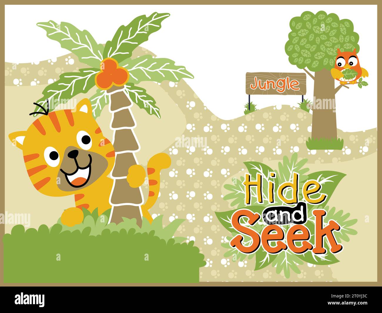Cartoon vector of tiger and owl playing hide and seek in forest Stock ...