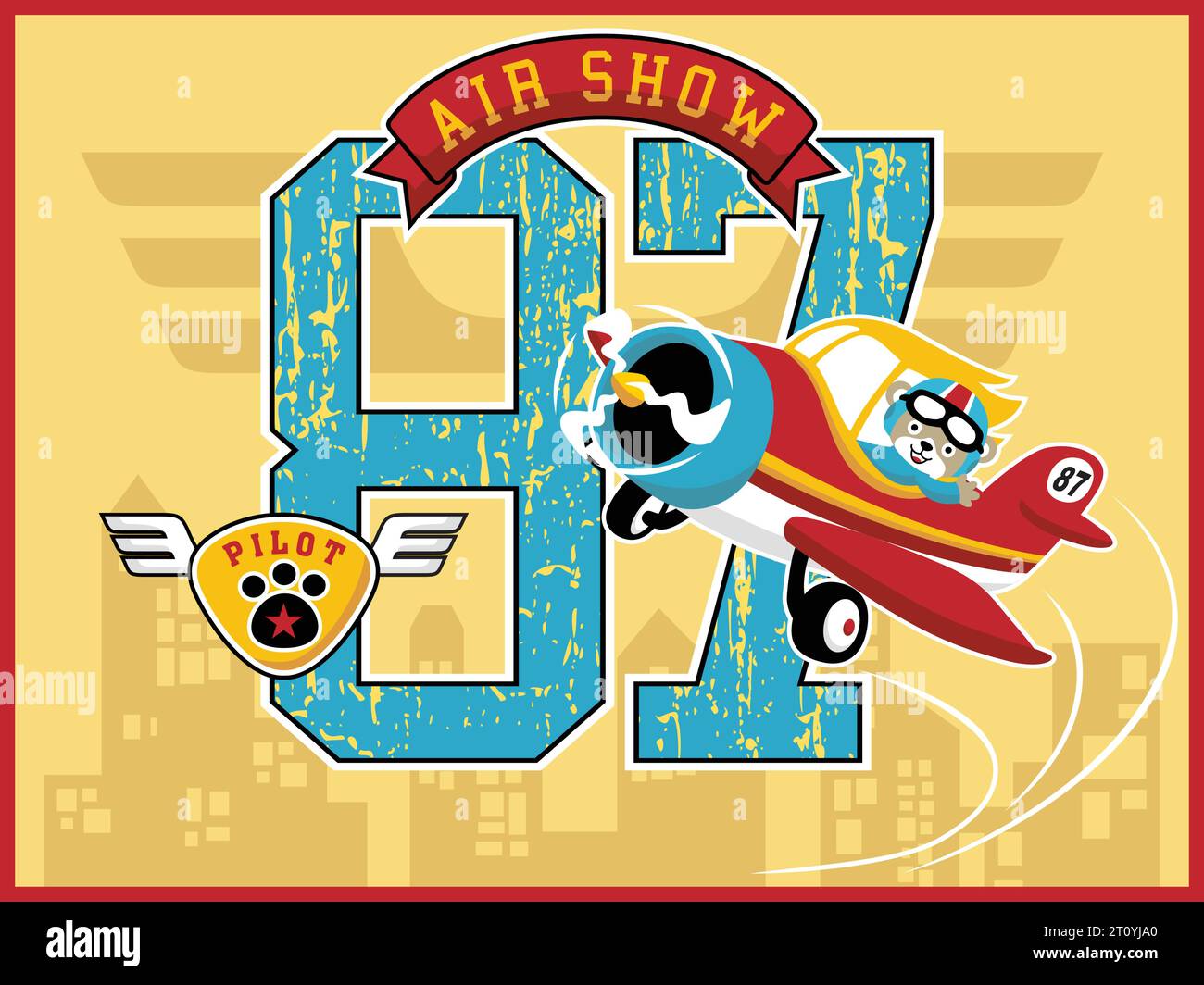 Cute bear pilot cartoon vector on plane on big number background, air ...