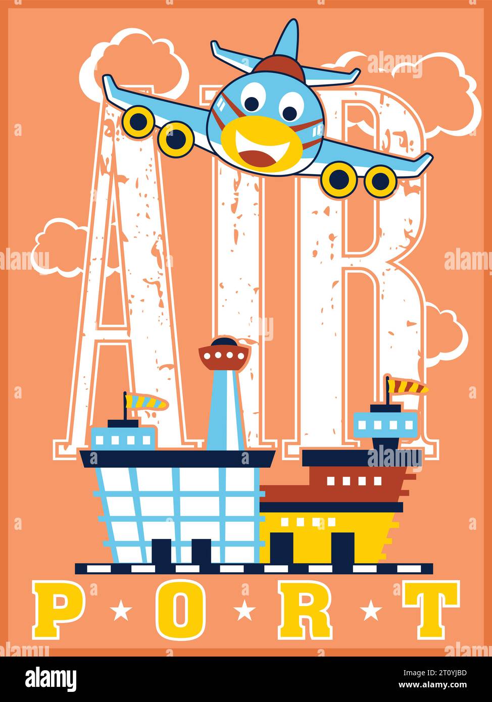 Funny plane cartoon vector ready to landing in a airport. Graphic ...