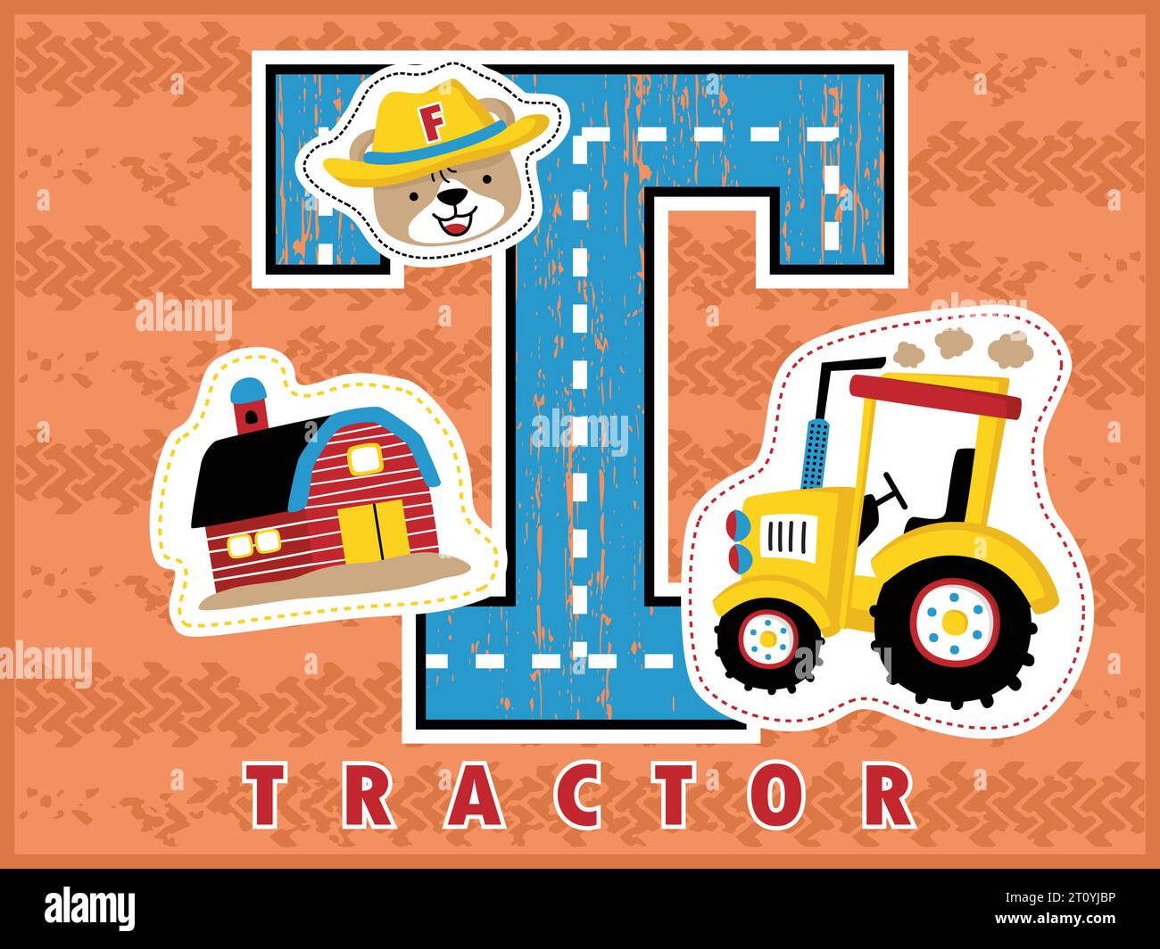 Cartoon vector of farming element, tractor, funny bear farmer, barn on ...