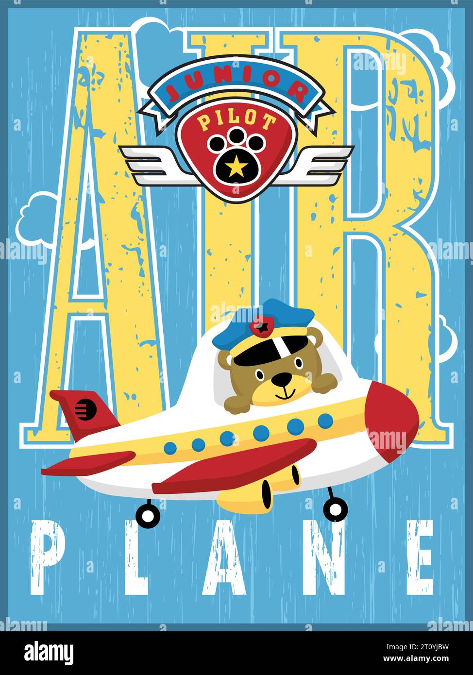 Cute bear pilot on airplane with flight logo on AIR PLANE typography ...