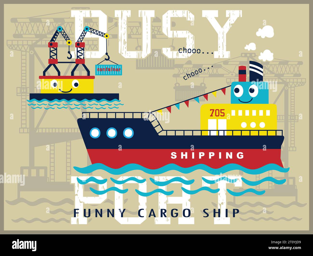 Busy port with funny cargo ship cartoon vector on crane background ...