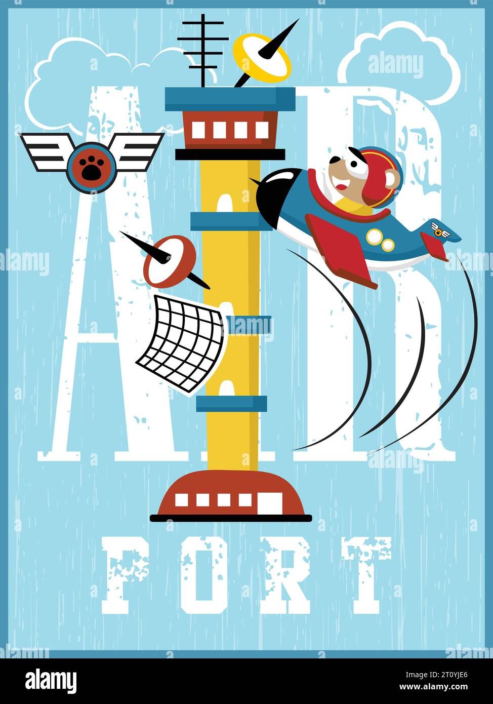 Airport control tower cartoon vector with funny bear pilot on plane ...