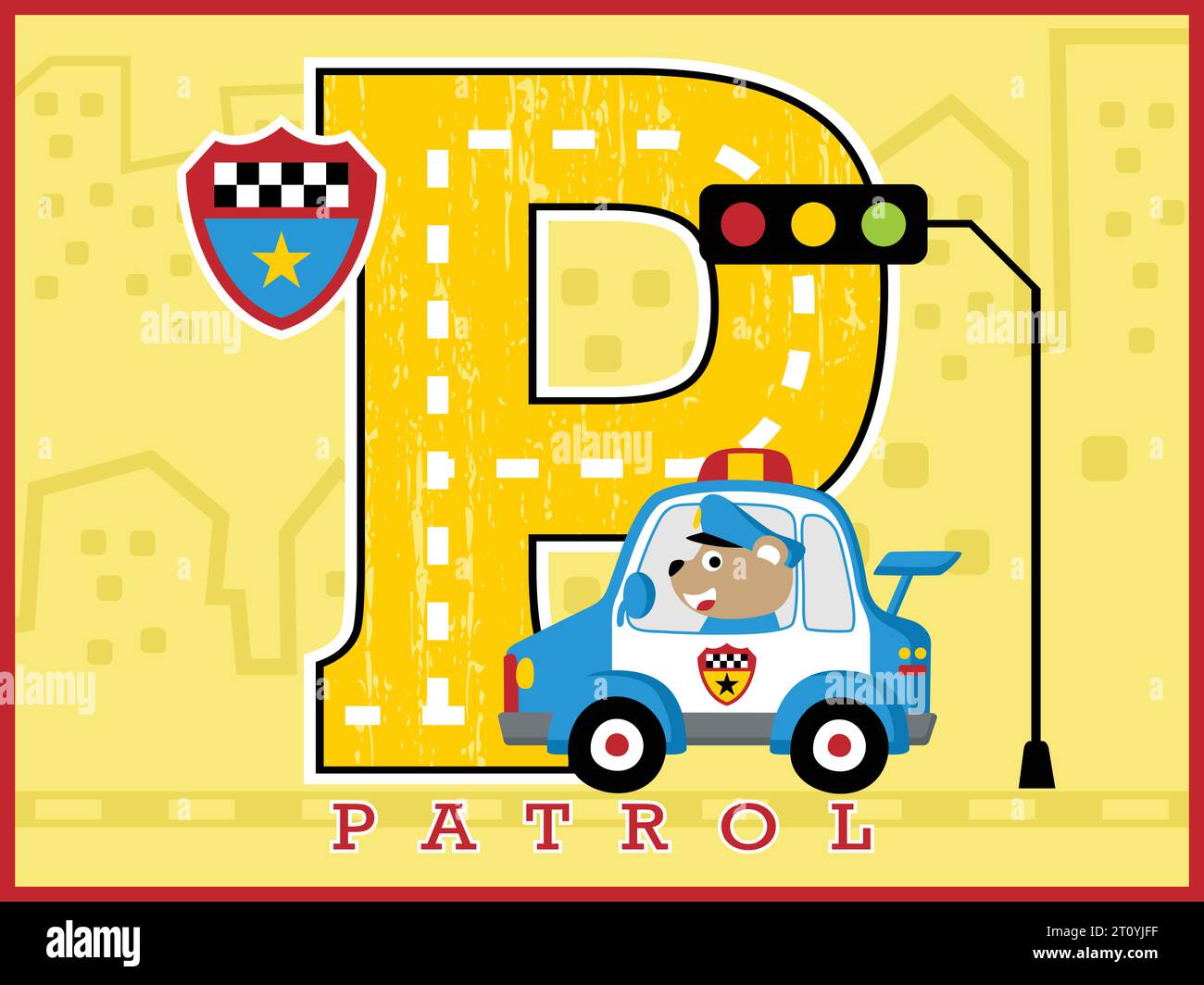 Cute bear police cartoon vector driving patrol car on big P alphabet ...