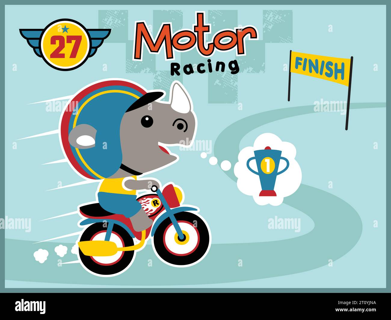 Vector cartoon of motor racing with funny rhino riding motorcycle ...