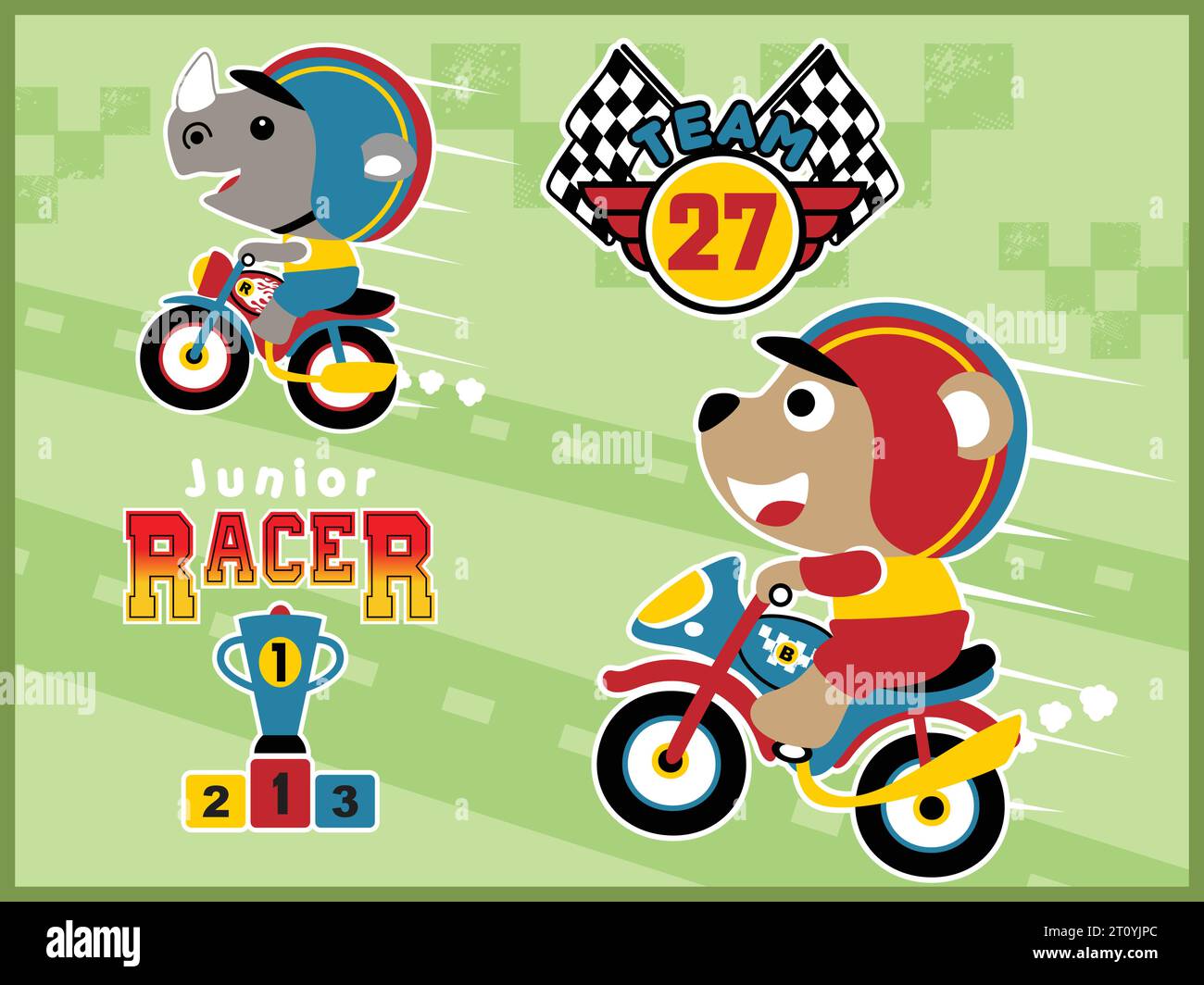 Cartoon vector of cute bear with rhino in motor racing competition ...