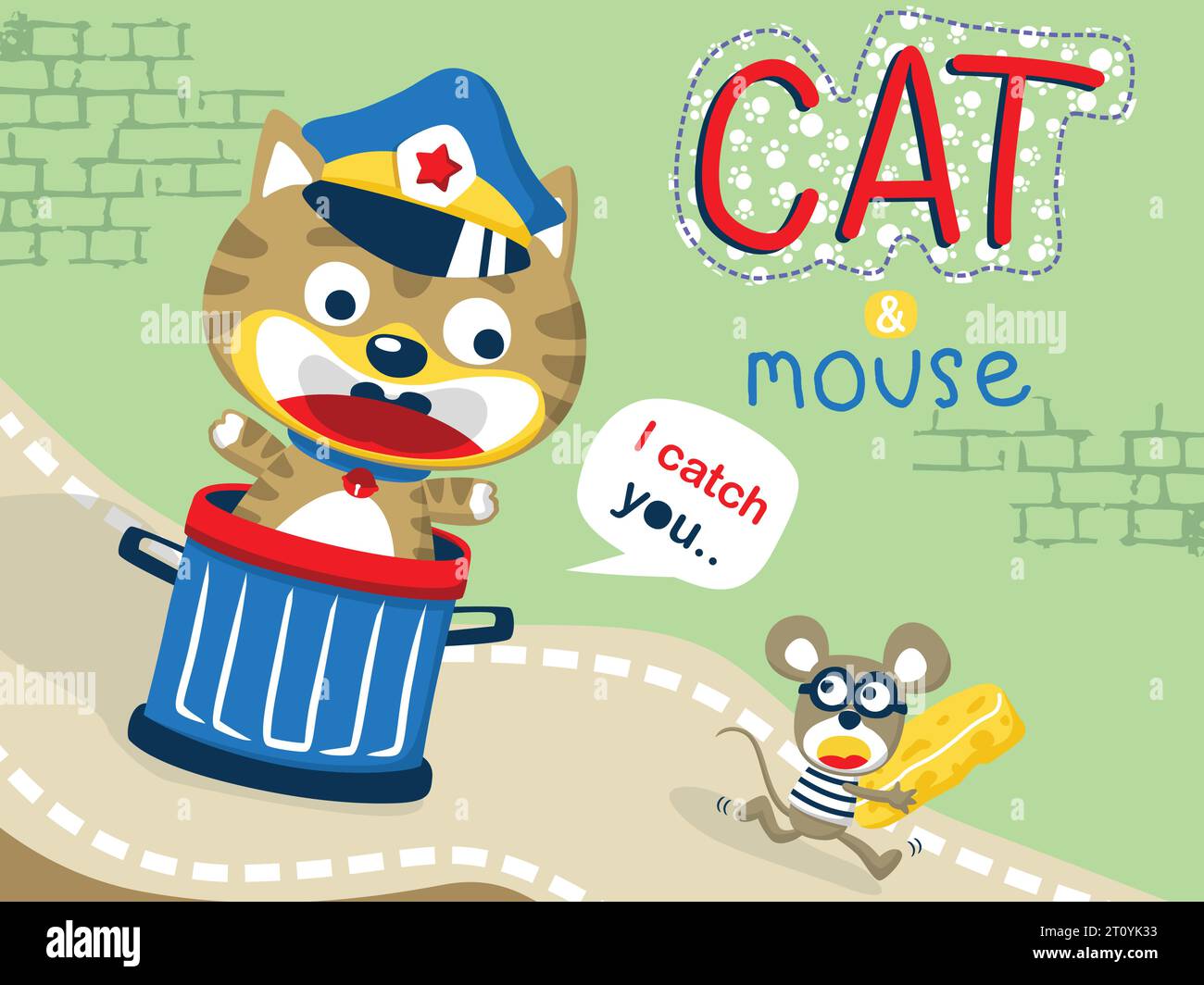 Cartoon vector of cat wearing police cap chasing mouse the cheese thief ...