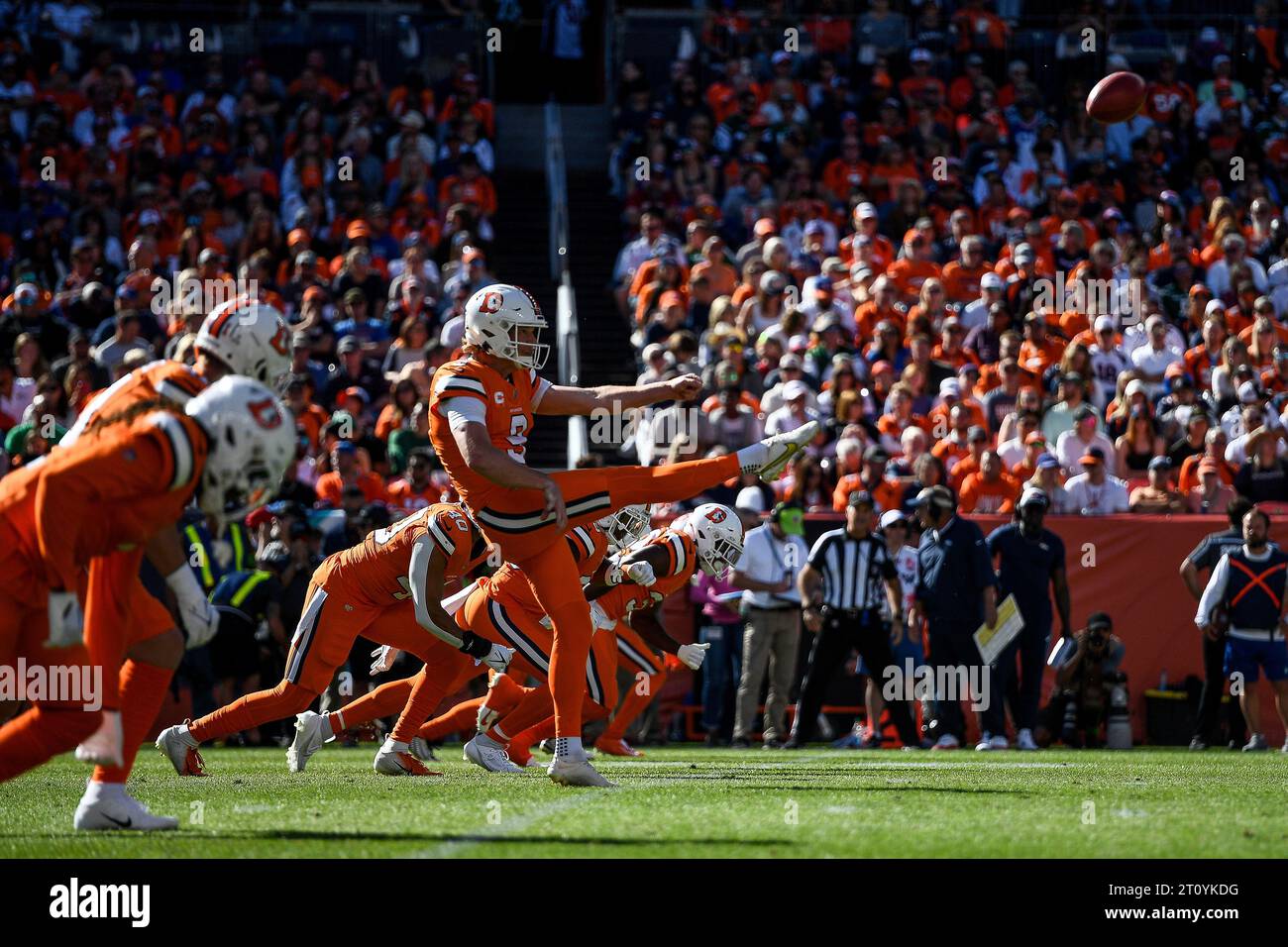 DENVER, CO - OCTOBER 8: Denver Broncos punter Riley Dixon (9) kicks off ...