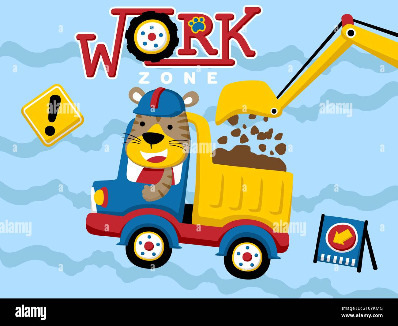 construction vehicle cartoon vector with funny tiger driver ...
