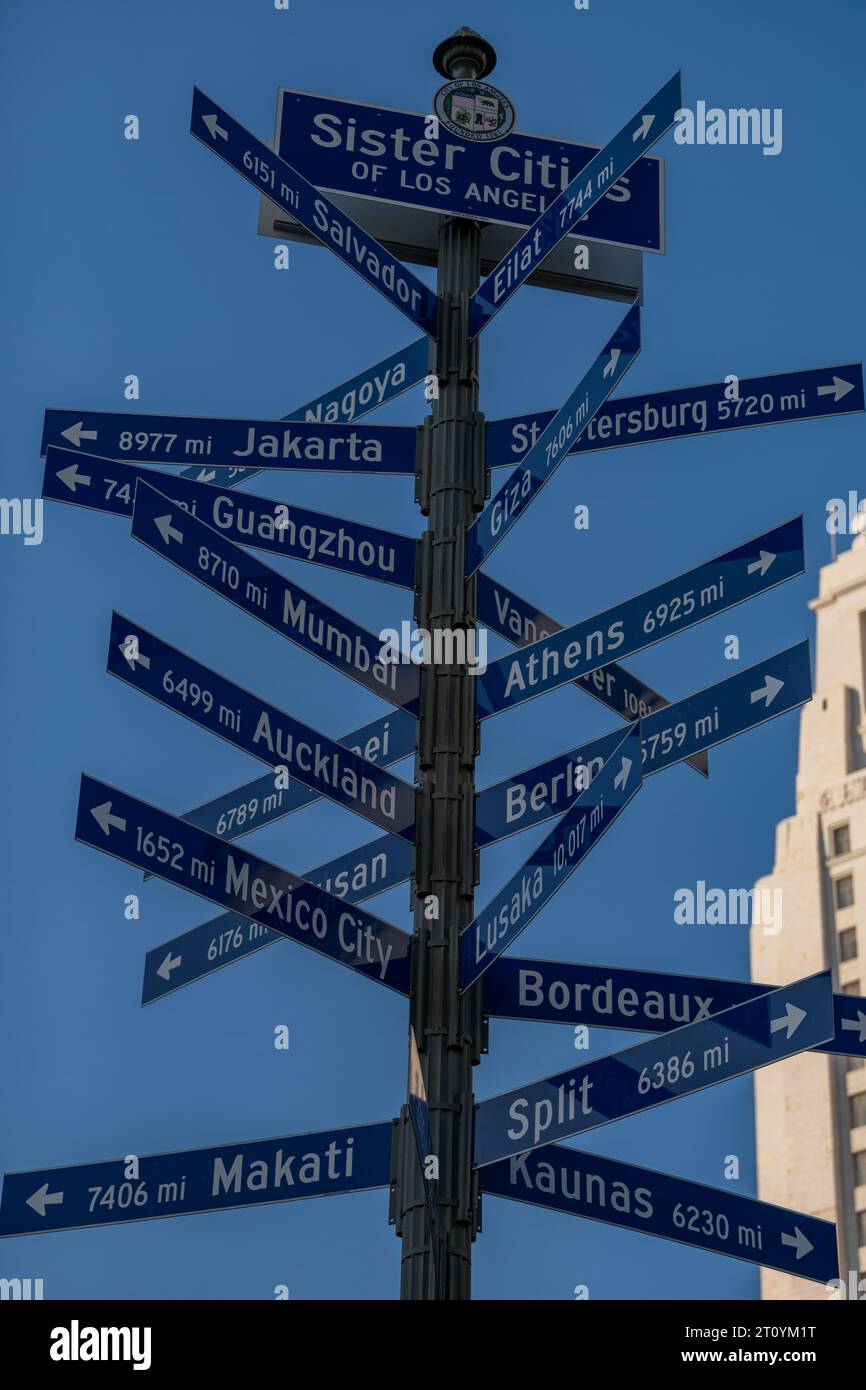LA international way sign with blue sky and city hall Stock Photo - Alamy