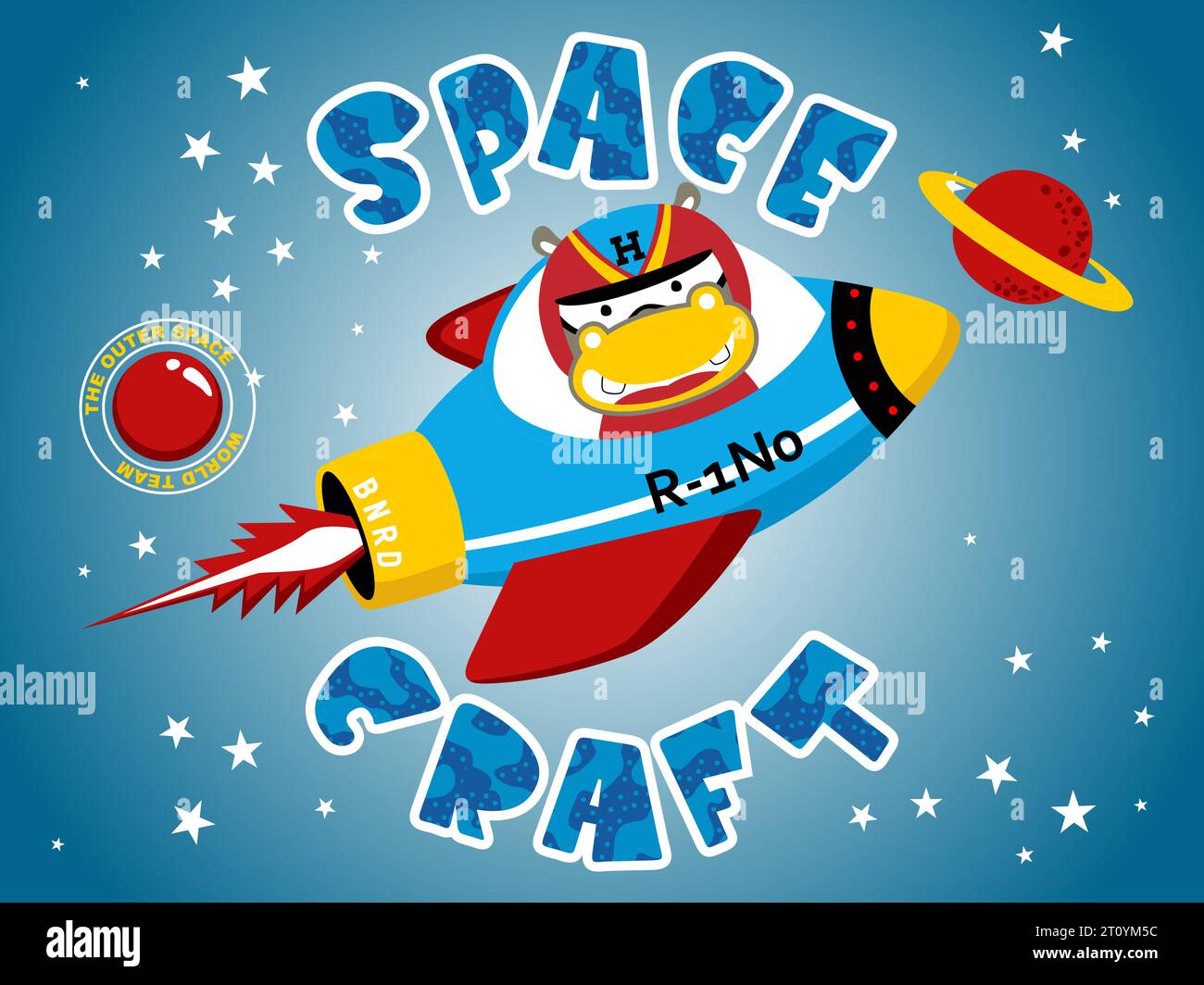 Vector illustration of cartoon funny hippo on spacecraft, space ...