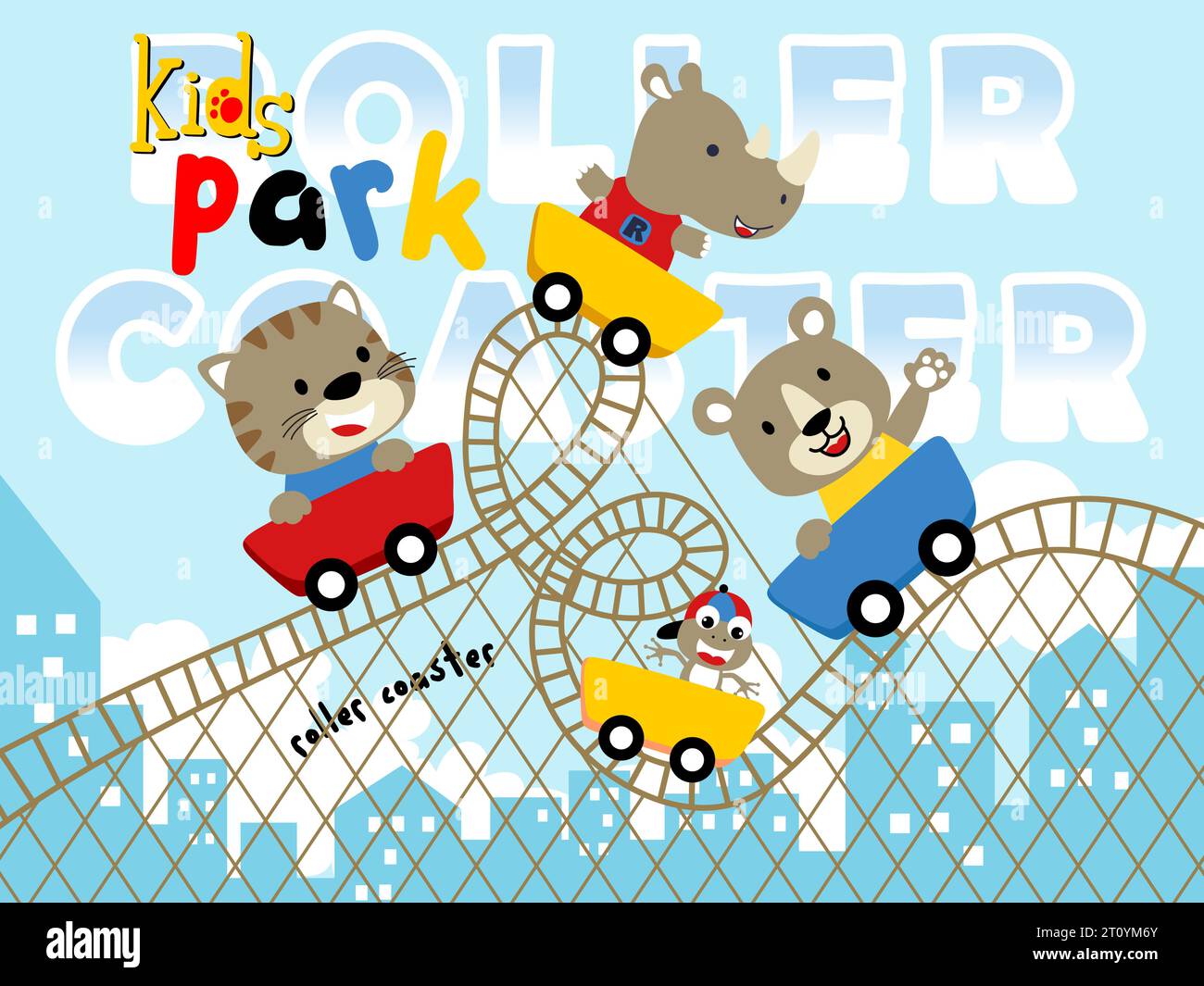 Happy animals playing roller coaster on buildings background. Rhino ...