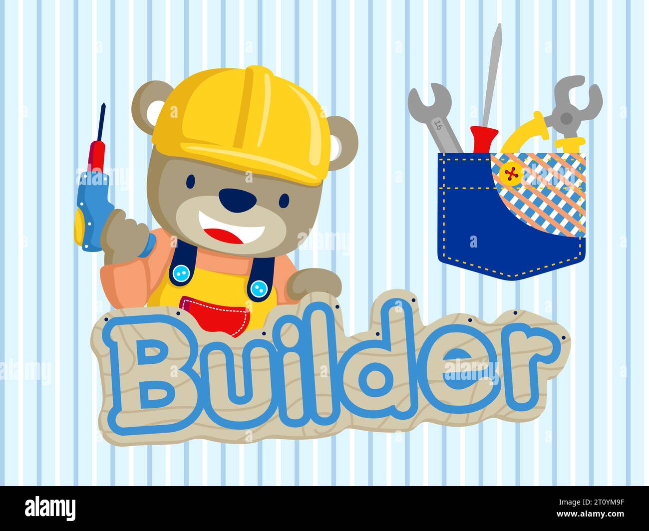 Happy bear wearing builder costume holding electric drill with builder ...