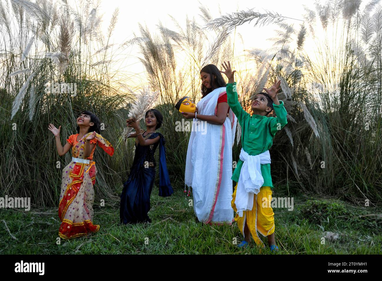 Fashion Model Rima Bhattacharya and children seen during the Agomoni ...