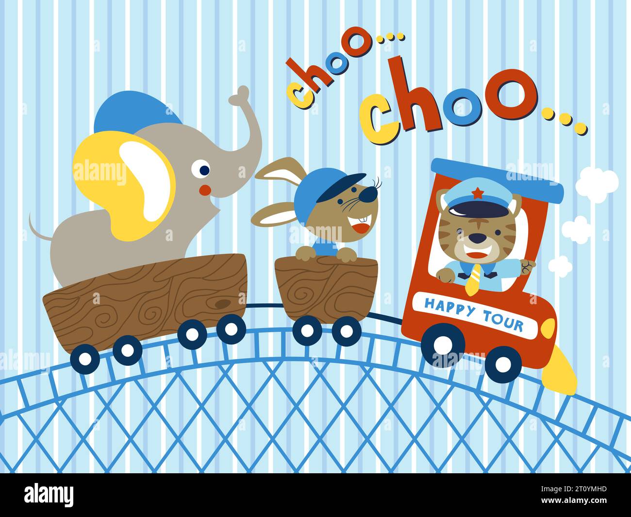Funny tiger driving steam train with rabbit and elephant in the wagon ...