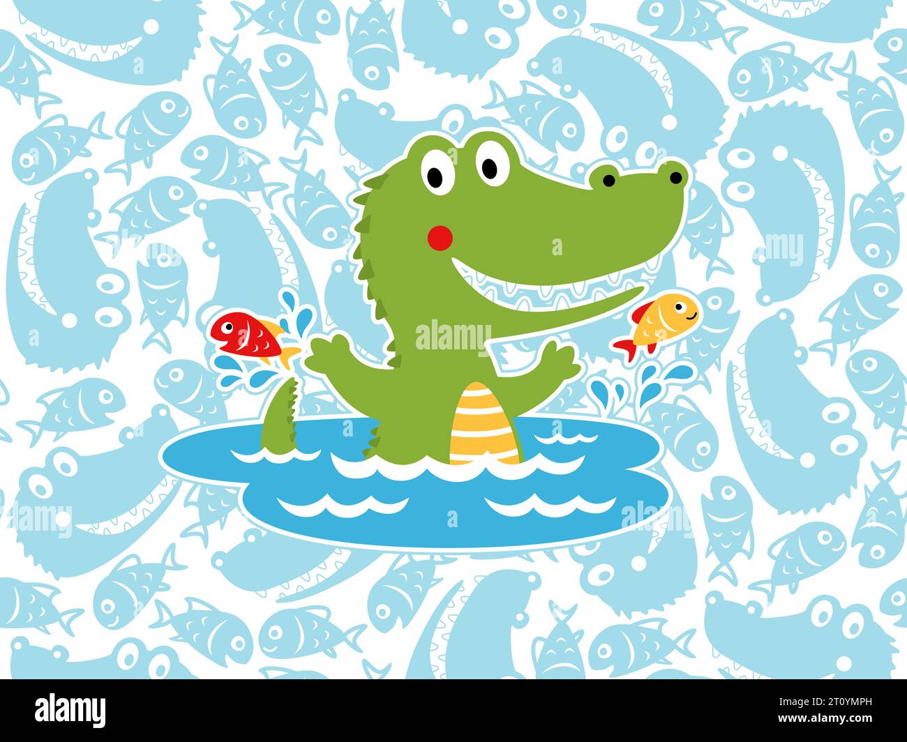 Vector of funny crocodile cartoon with two fish in swamp on seamless ...