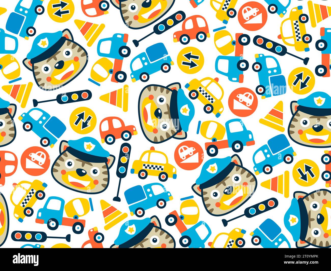 seamless pattern vector of funny cat in police cap with colorful cars ...