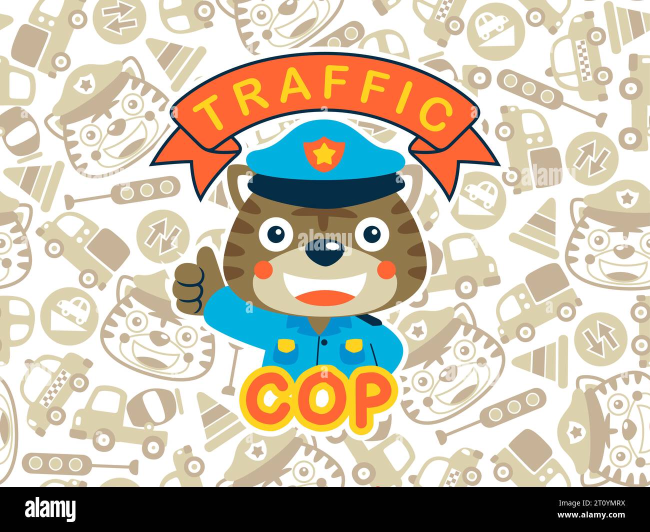 Cute tiger in traffic cop costume on seamless pattern background ...