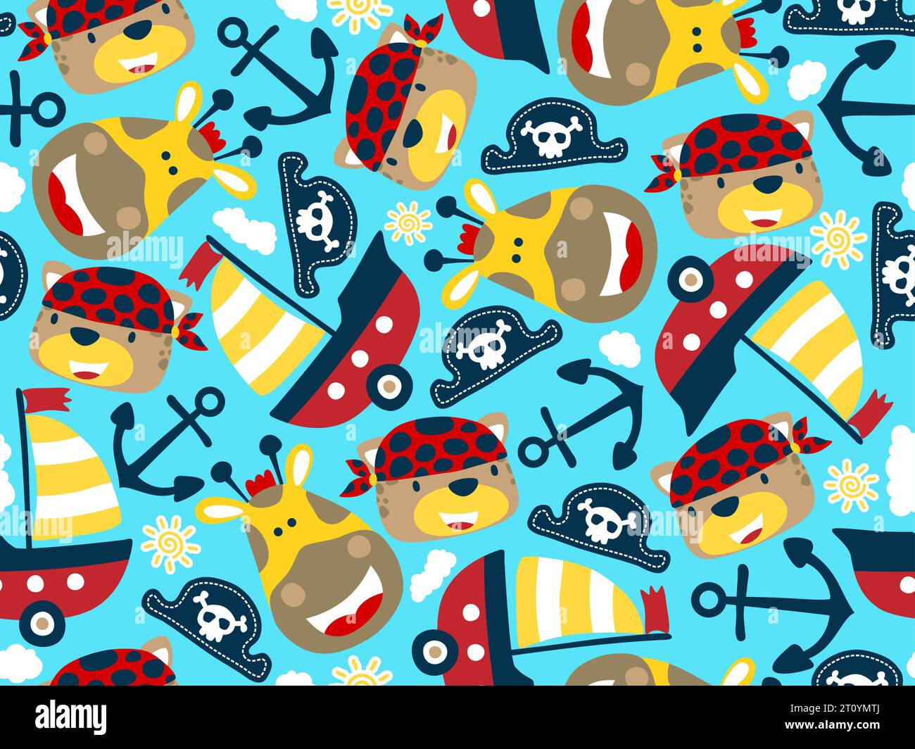 seamless pattern vector of funny animals smile face cartoon with pirate ...