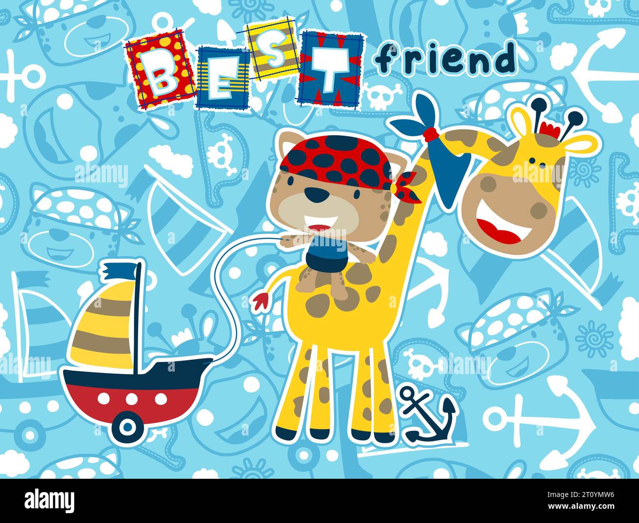 Vector cartoon of funny cat wearing bandana ride on giraffe's back ...