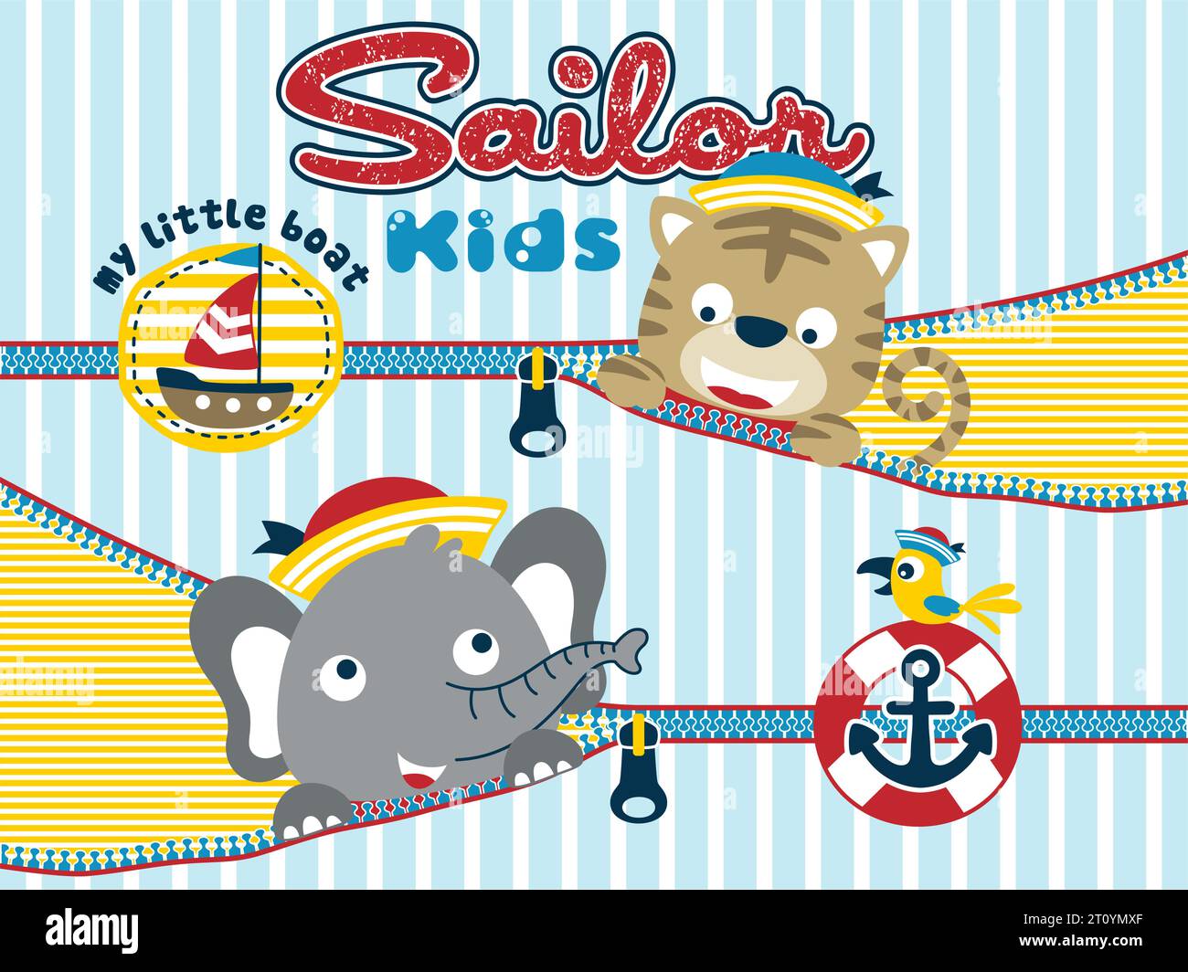 Funny tiger and elephant wearing sailor cap playing hide and seek in ...