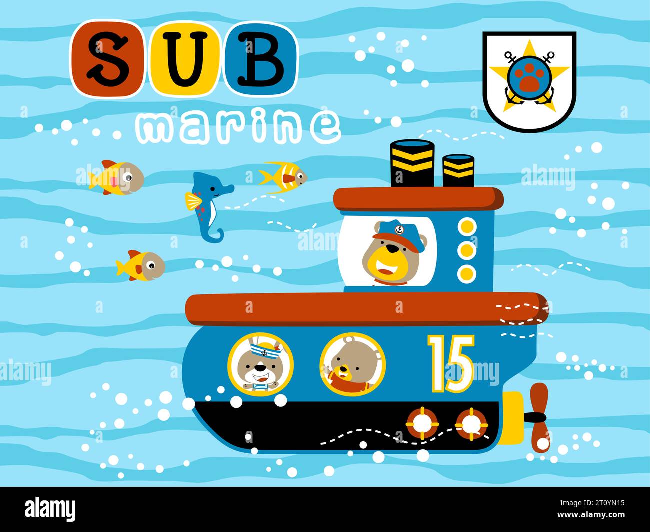 vector cartoon of funny bear and rabbit on submarine undersea with ...