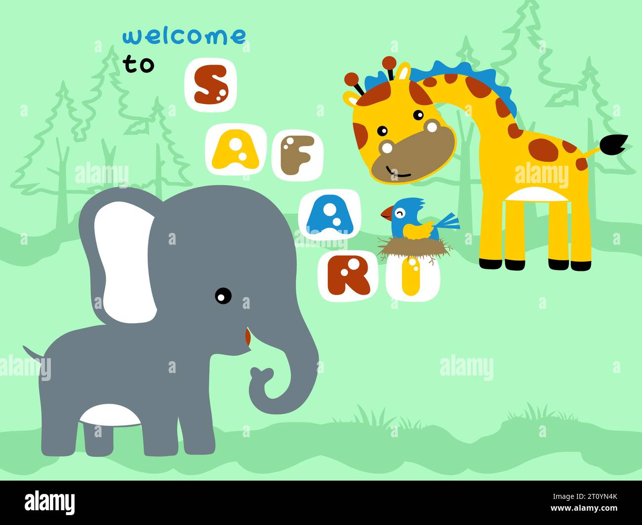 Vector cartoon of elephant and giraffe with bird Stock Vector Image ...