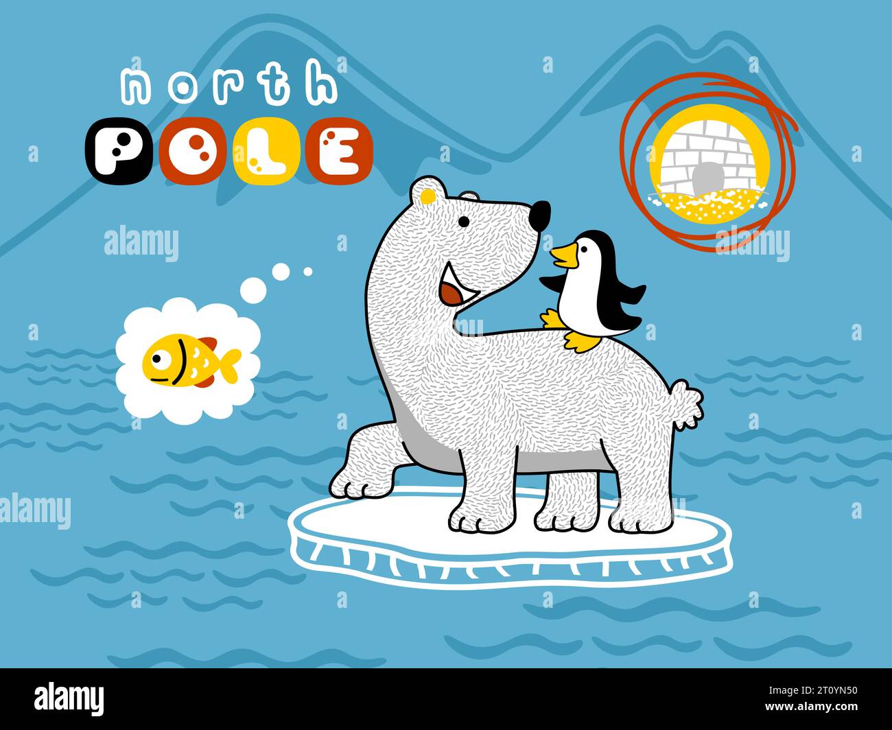 Vector cartoon of cute penguin ride on polar bear's back, Antarctica ...