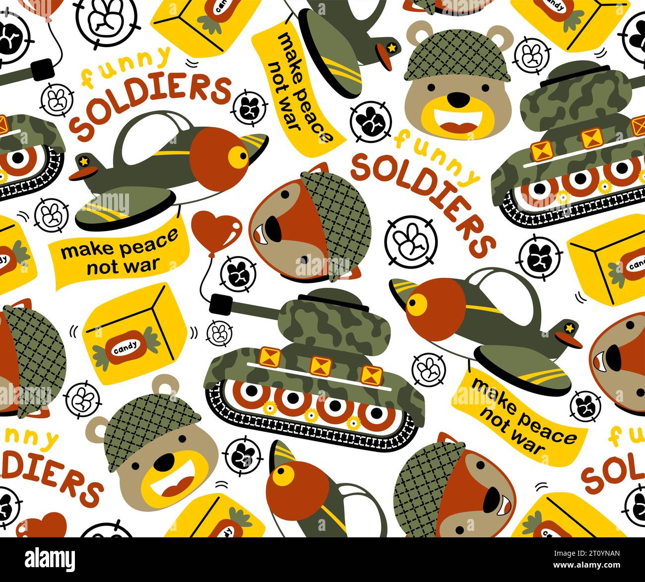 seamless pattern of animal soldier, armored vehicles, military element ...