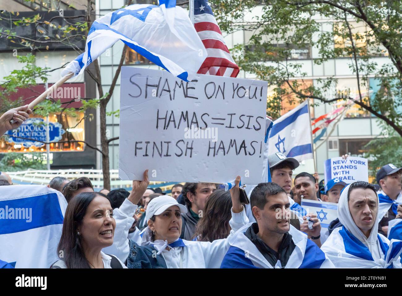 New York, USA. 09th Oct, 2023. Supporters of Israel with Israeli flags ...