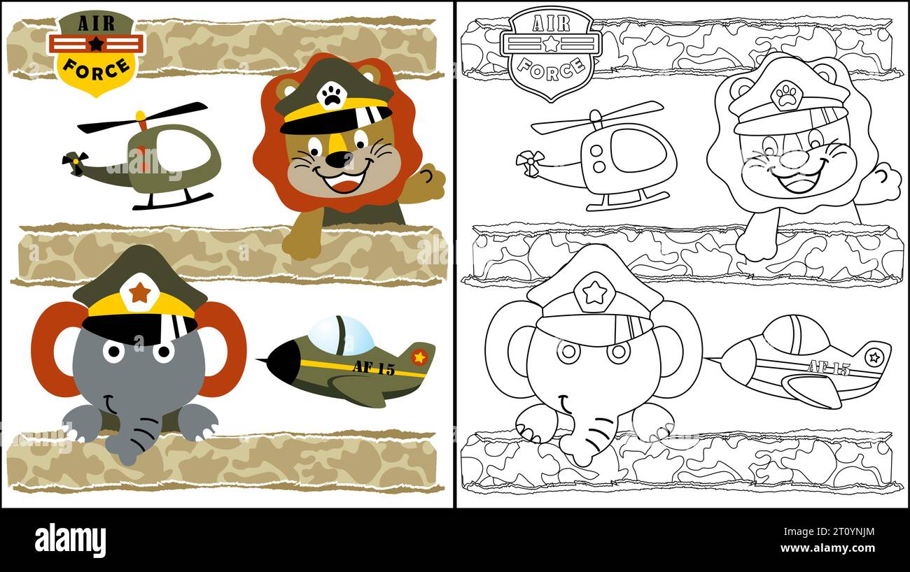 Vector cartoon of funny lion and elephant in soldier cap with military ...
