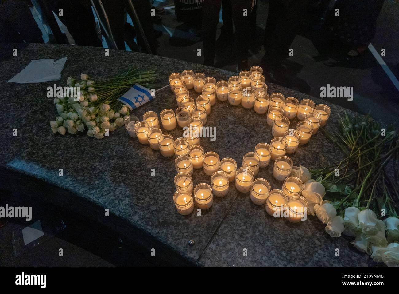 New York, USA. 09th Oct, 2023. A makeshift memorial made from memorial ...