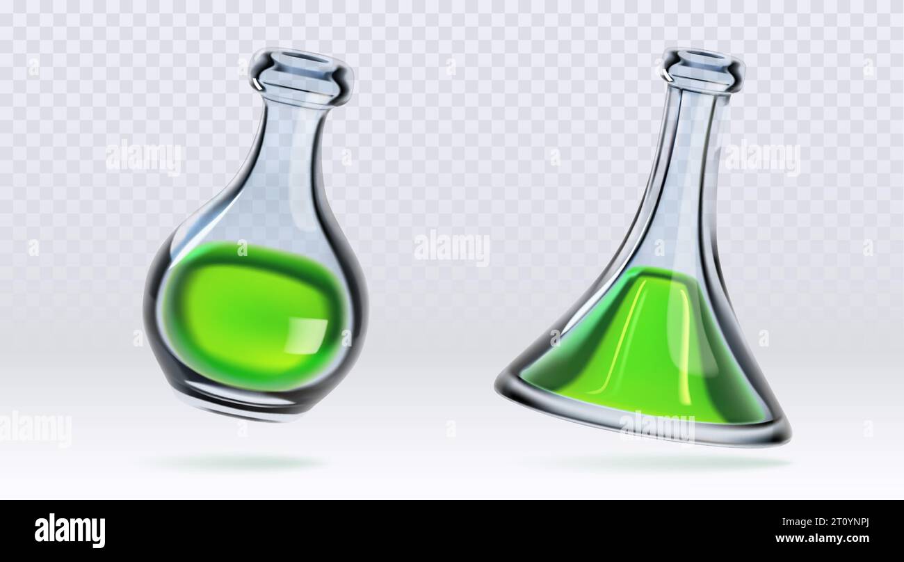 Chemistry measuring glass flasks filled with green liquid. Realistic 3d ...