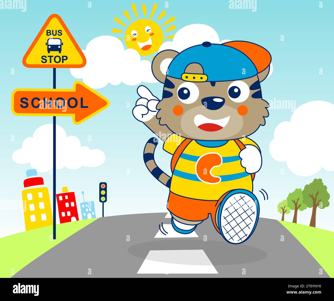 Vector illustration of little tiger going to school walking in road ...