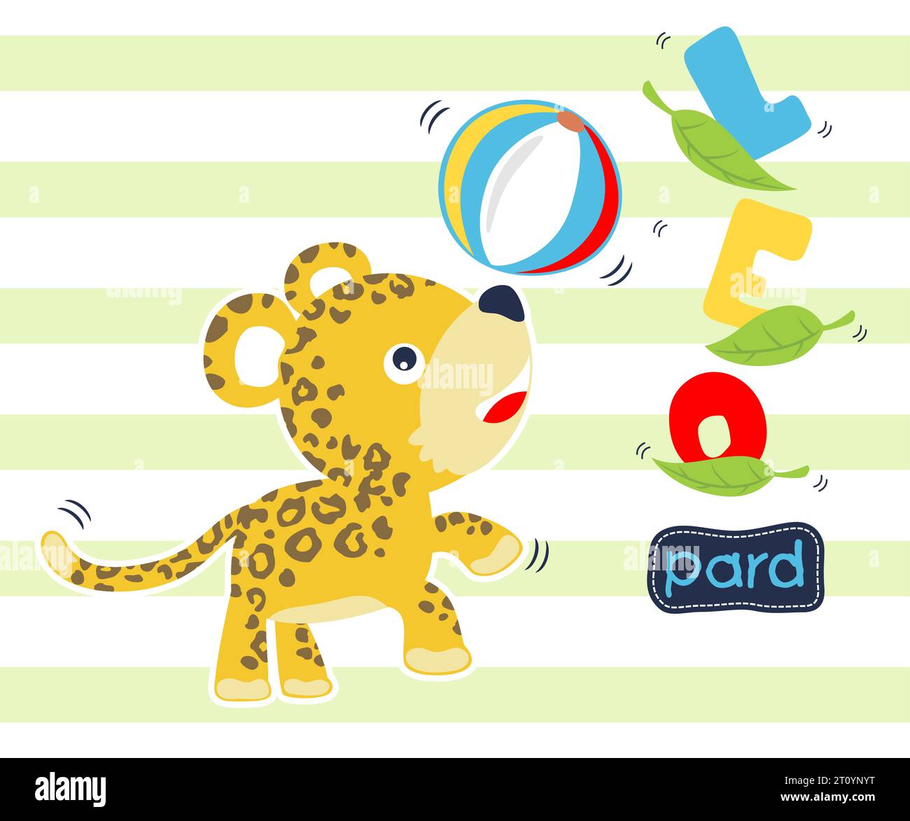 Vector illustration of funny leopard cartoon playing ball on striped ...